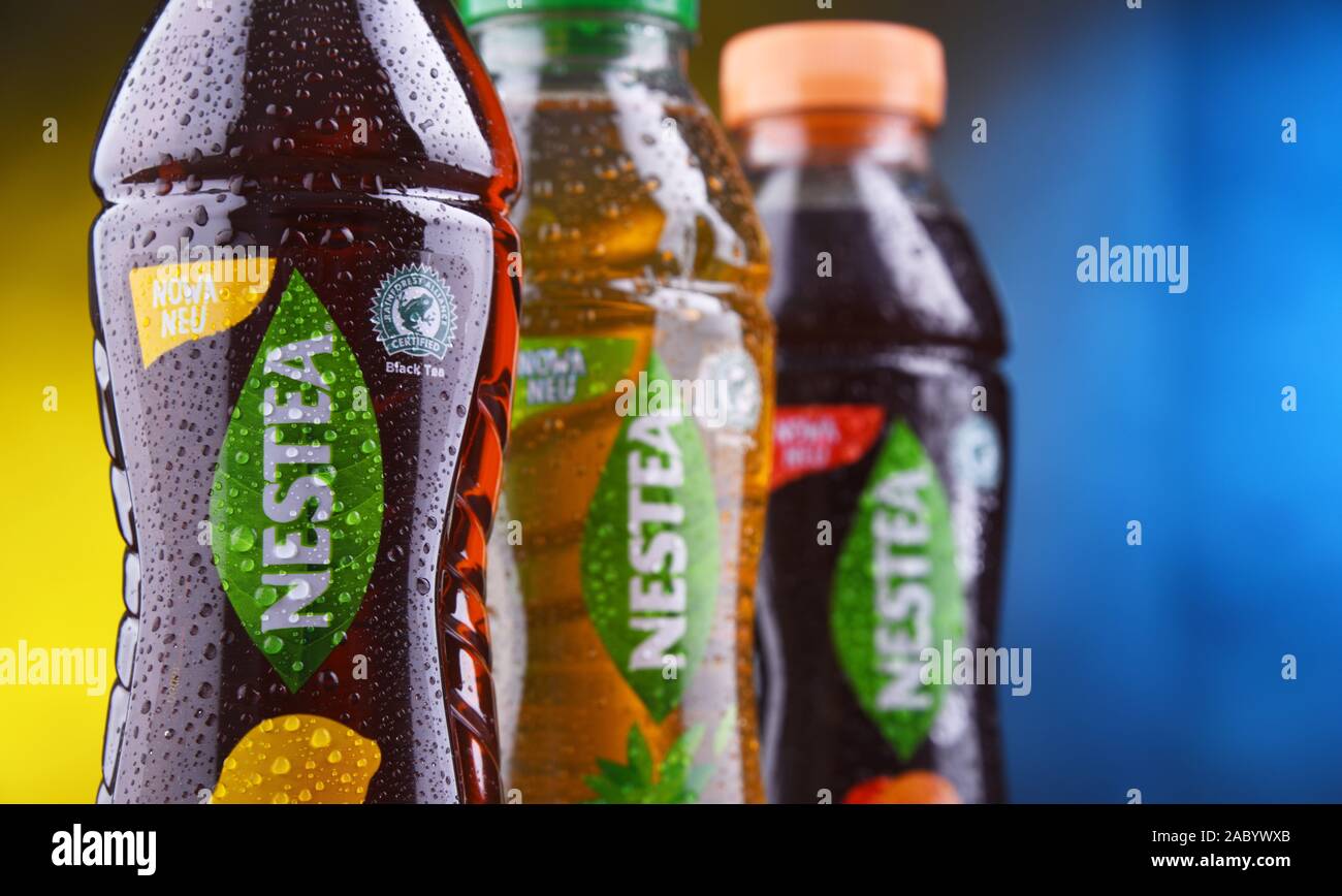 POZNAN, POL - JUN 5, 2019: Plastic bottles of Nestea, a brand of iced ...