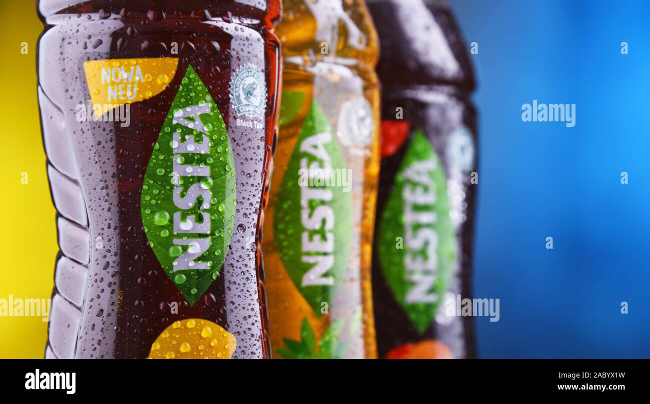 POZNAN, POL - JUN 5, 2019: Plastic bottles of Nestea, a brand of iced ...