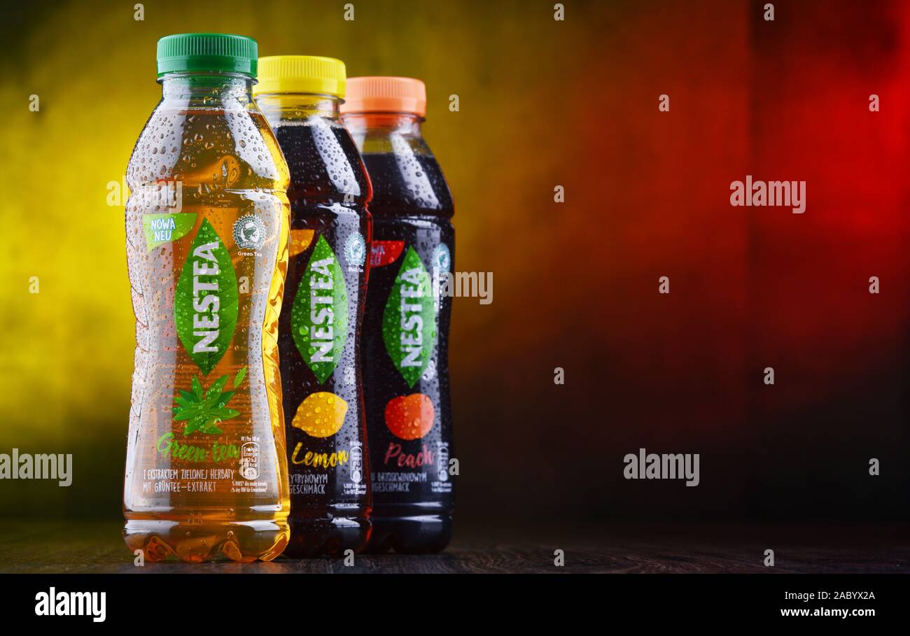 POZNAN, POL - JUN 5, 2019: Plastic bottles of Nestea, a brand of iced ...