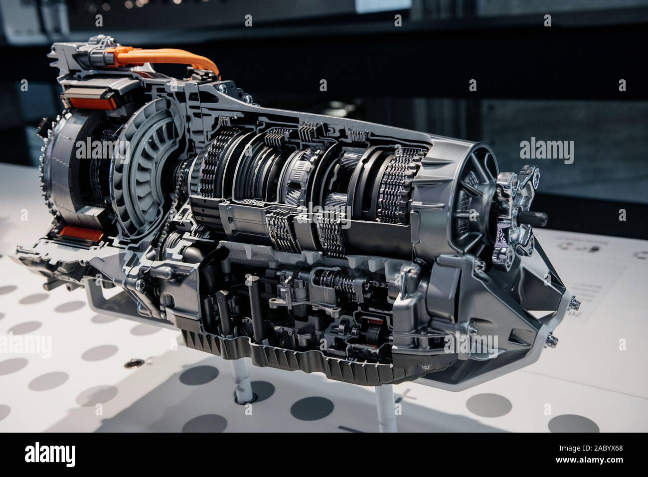 Side view cross section of automatic transmission gearbox on blurry ...