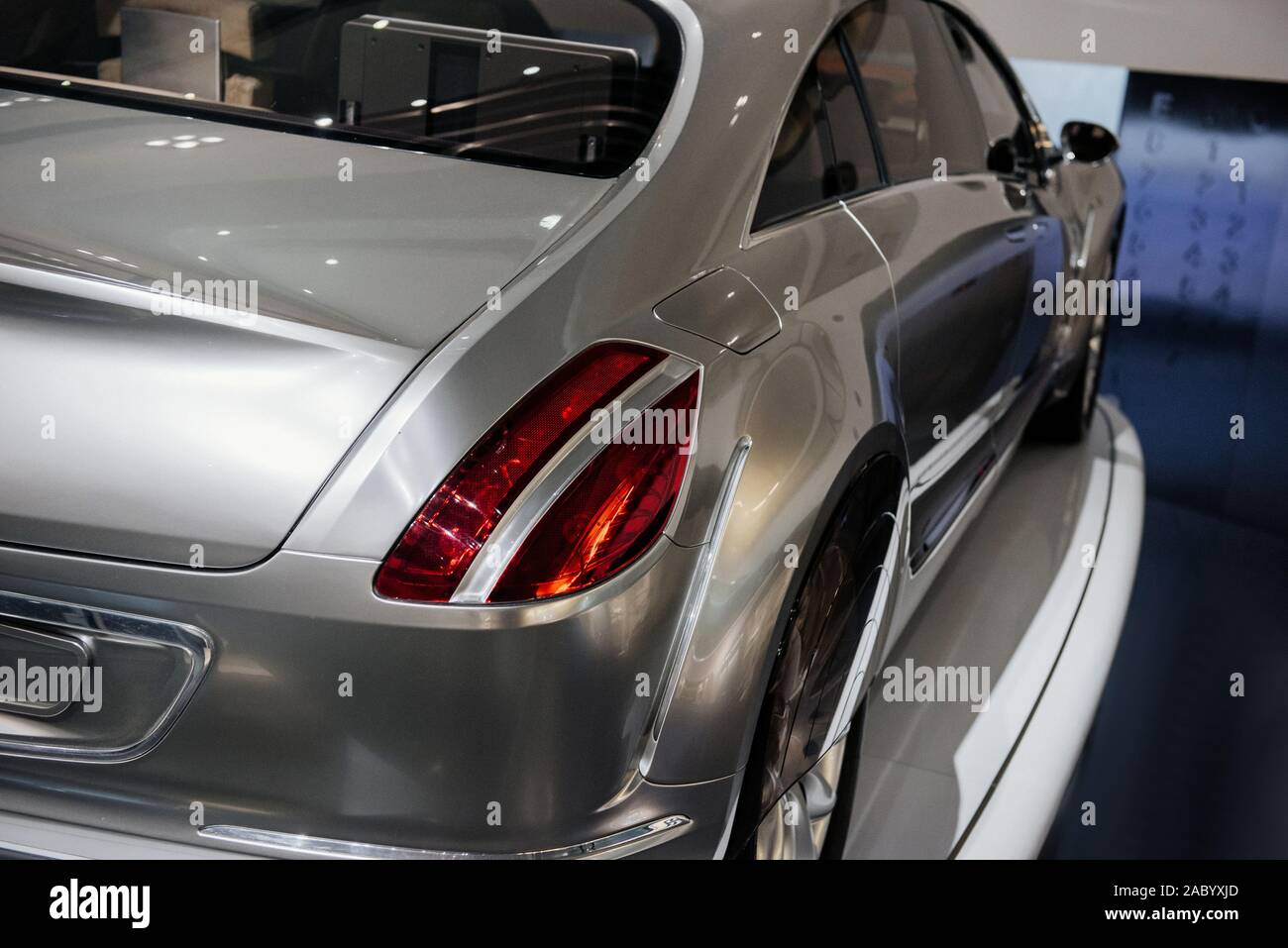 Back, side view of grey cool modern car with right dimensional fire or ...