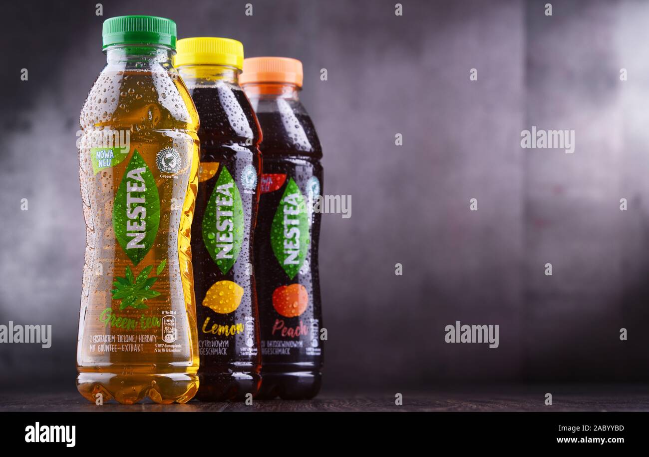 POZNAN, POL - JUN 5, 2019: Plastic bottles of Nestea, a brand of iced ...