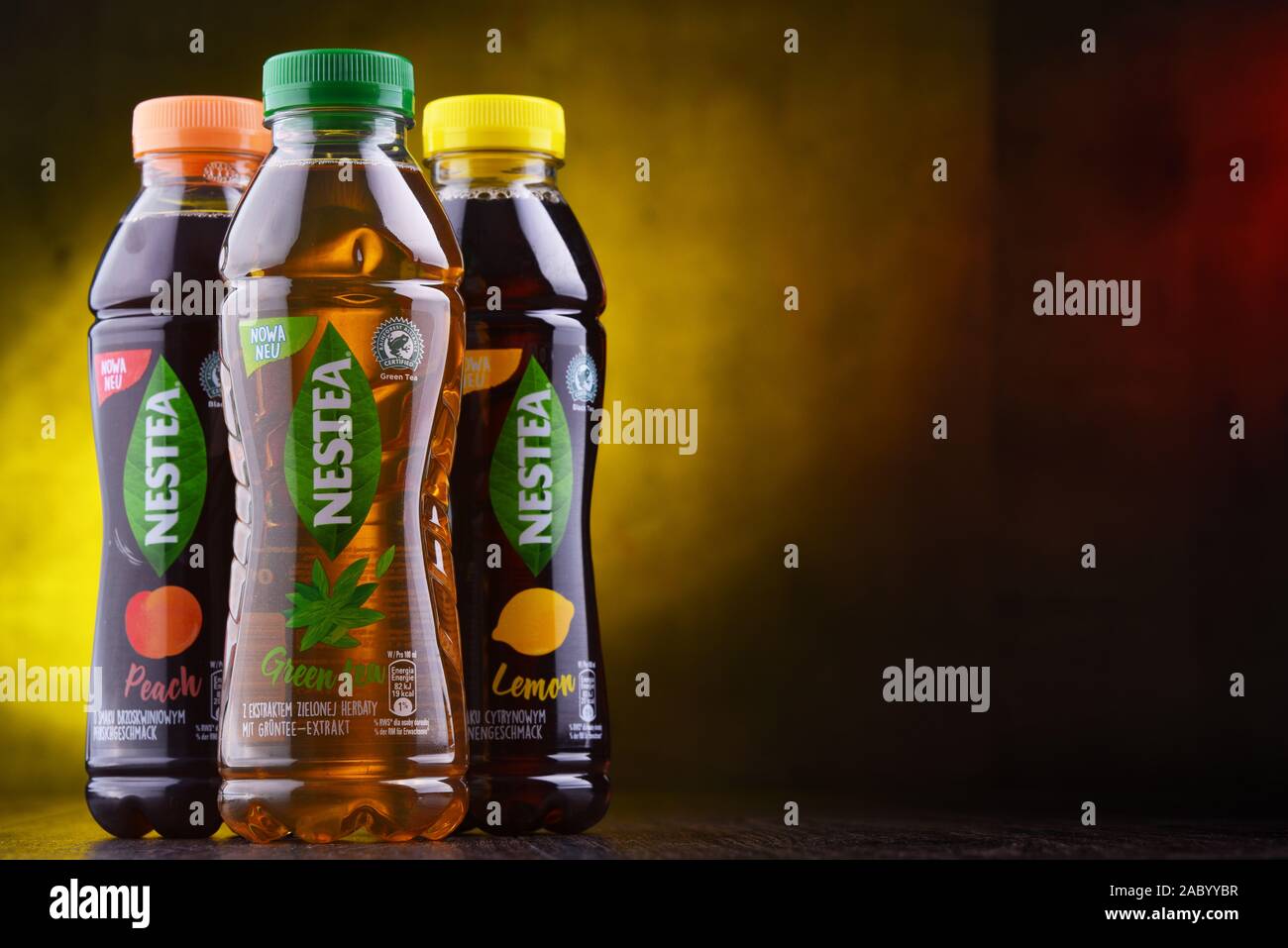 POZNAN, POL - JUN 5, 2019: Plastic bottles of Nestea, a brand of iced ...