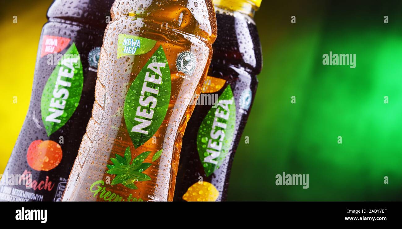 POZNAN, POL - JUN 5, 2019: Plastic bottles of Nestea, a brand of iced ...