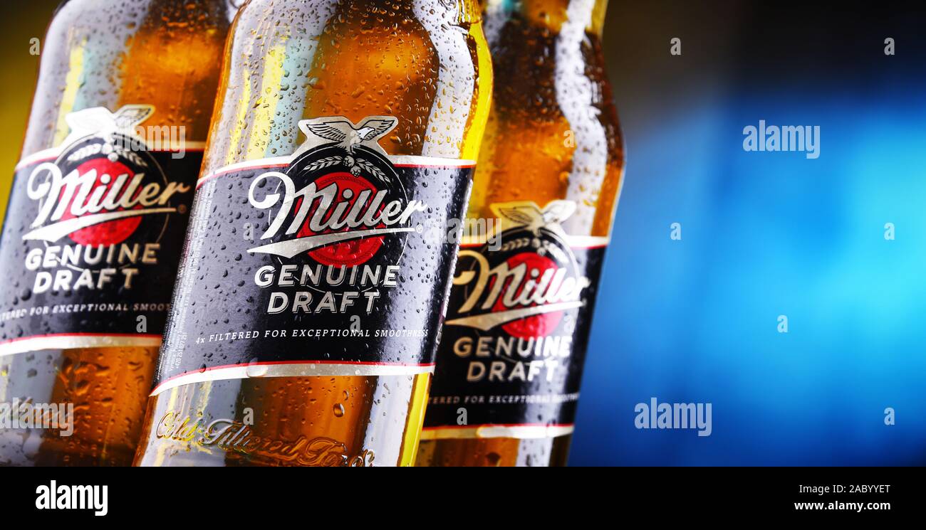POZNAN, POL - JUN 5, 2019: Bottles of Miller Genuine Draft, the ...