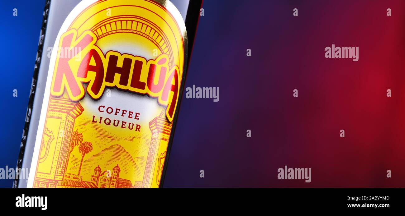 POZNAN, POL - JUN 7, 2019: Bottle of Kahlua, a brand of Mexican coffee ...