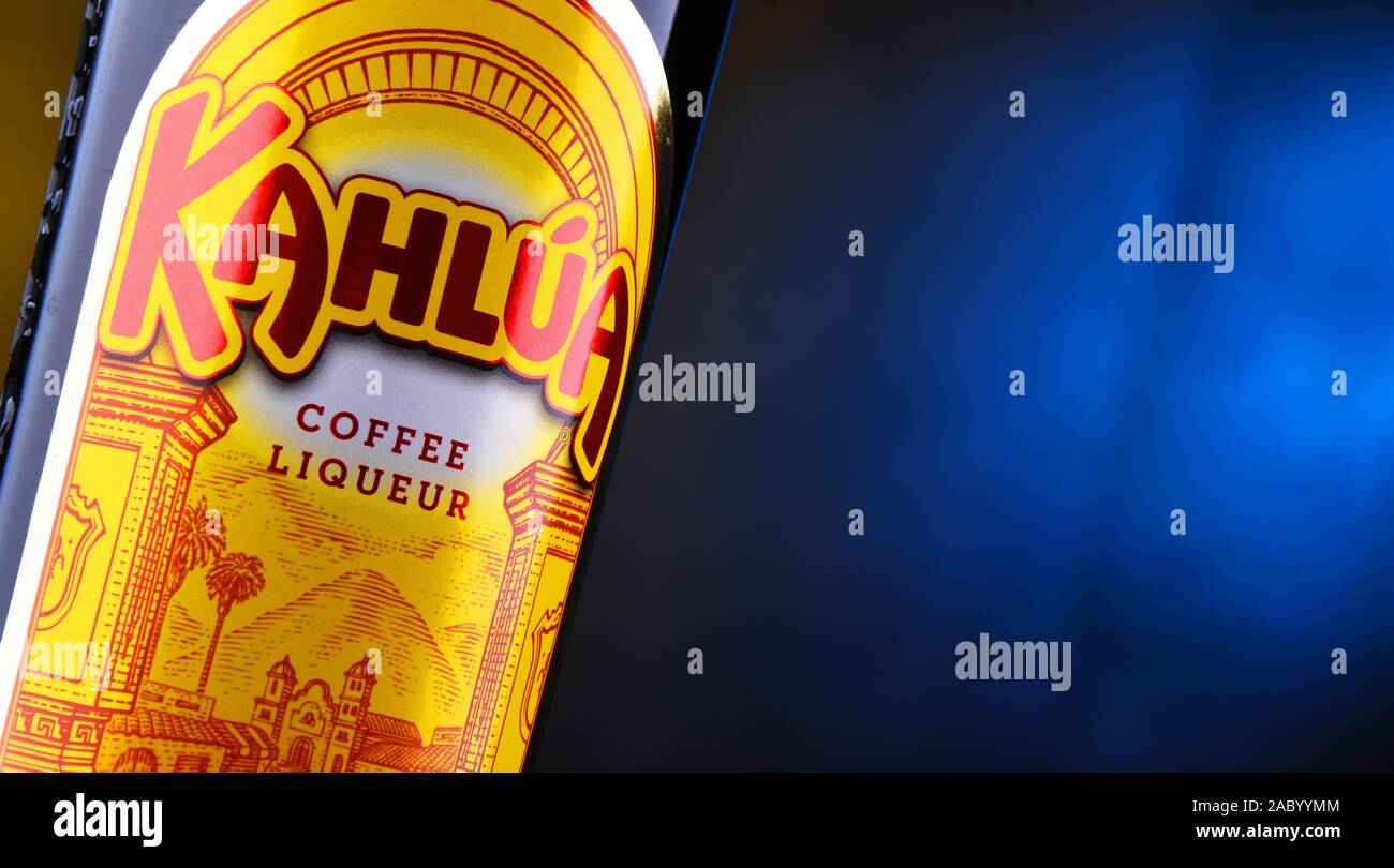 POZNAN, POL - JUN 7, 2019: Bottle of Kahlua, a brand of Mexican coffee ...