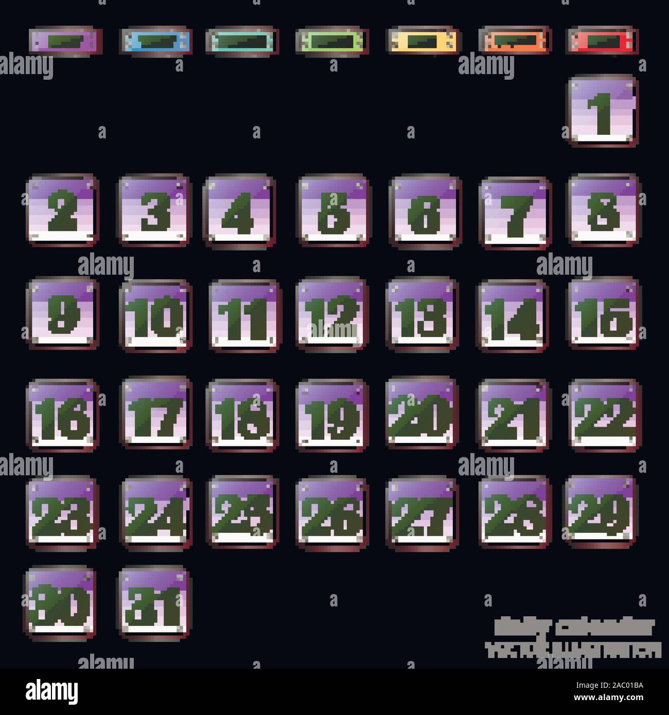 Set of buttons with calendar dates for the month of December. For ...