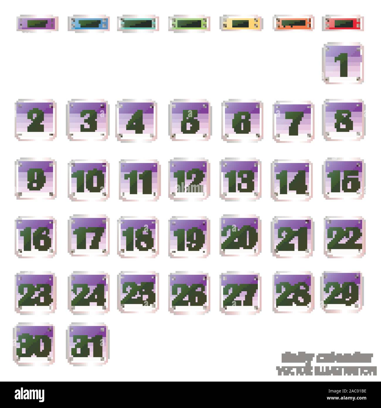 Set of buttons with calendar dates for the month of December. For ...