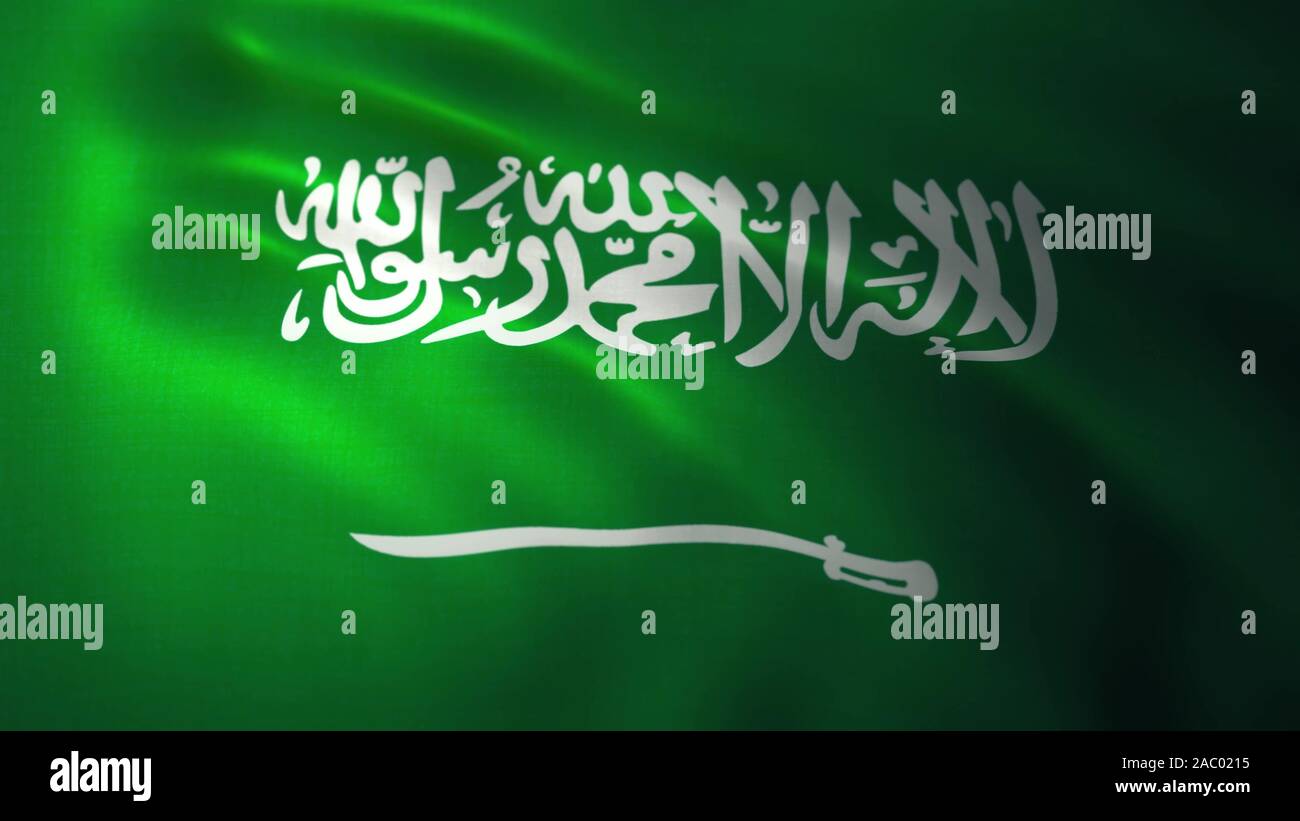 Detailed 3d rendering closeup of the flag of Saudi Arabia. Flag has a ...