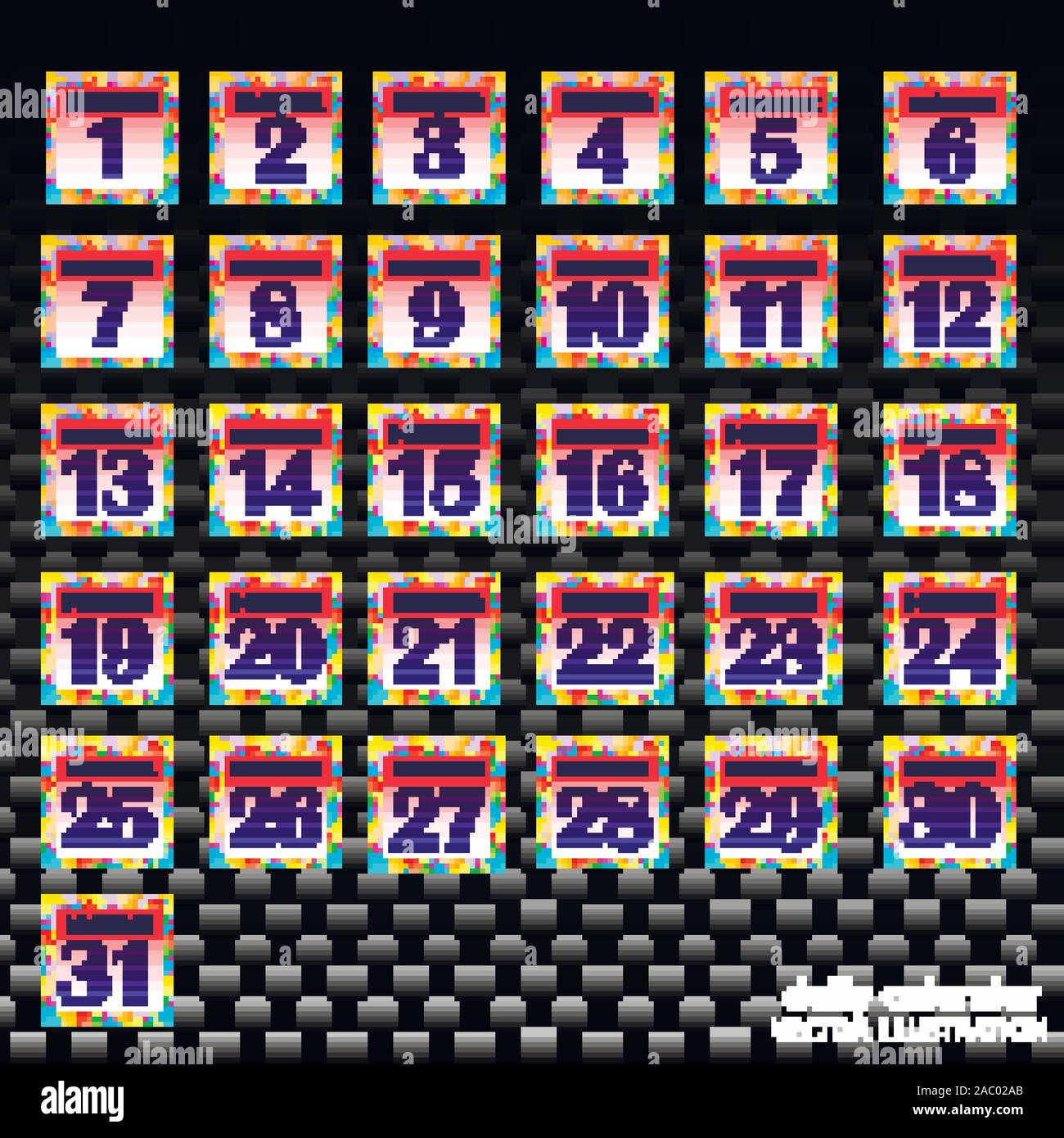 Set of buttons with calendar dates for the month of December. For ...