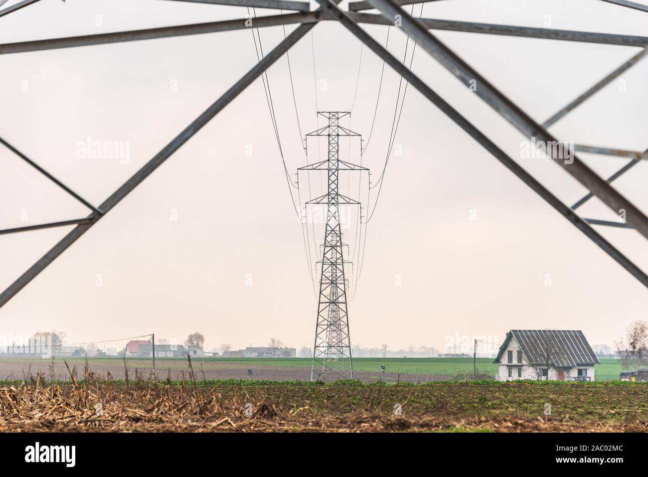 Electricity distribution system. High voltage overhead power line ...