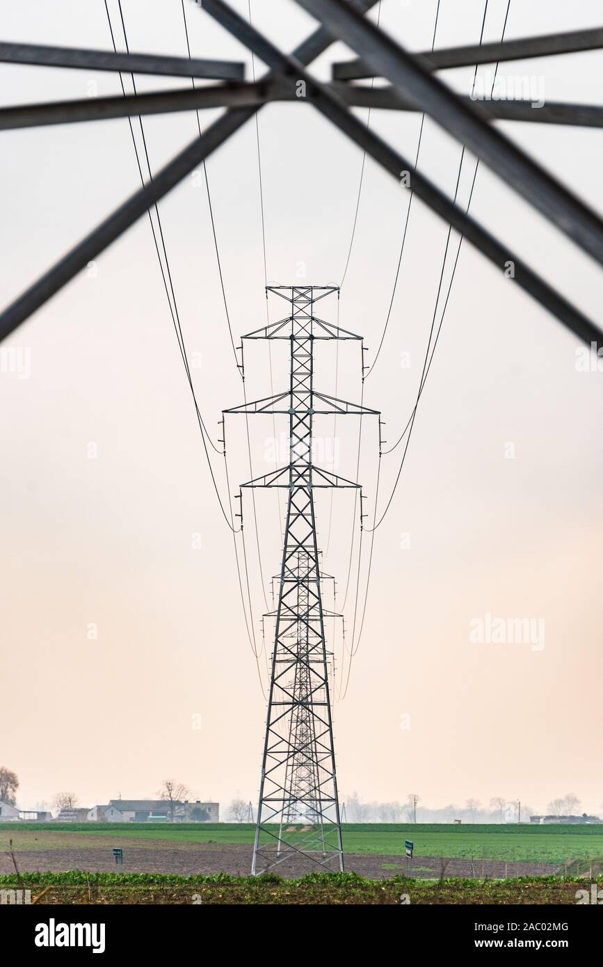 Electricity distribution system. High voltage overhead power line ...