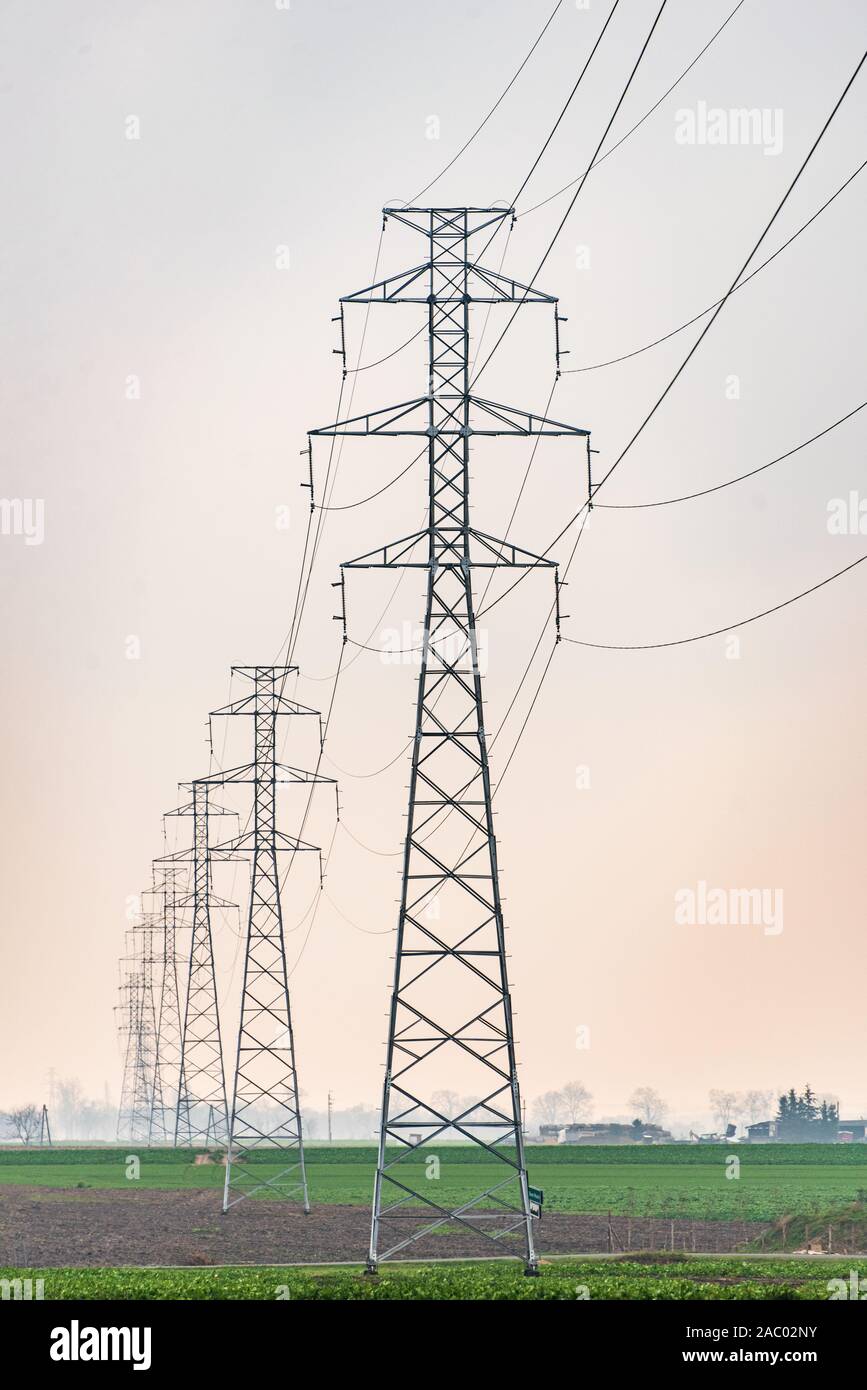 Electricity distribution system. High voltage overhead power line ...