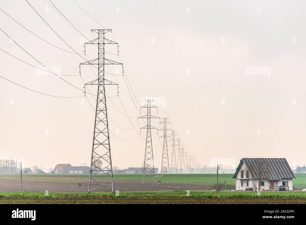 Electricity distribution system. High voltage overhead power line ...