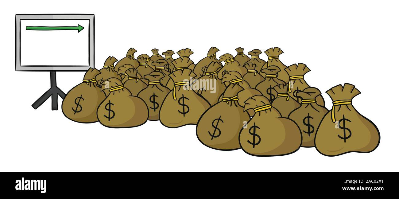 Hand drawn vector illustration of a lot of dollar money sacks and sales ...