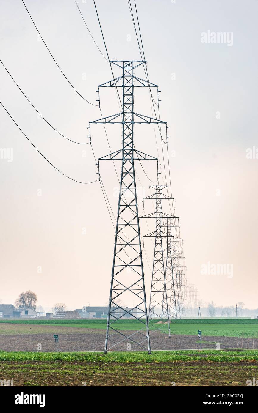 Electricity distribution system. High voltage overhead power line ...