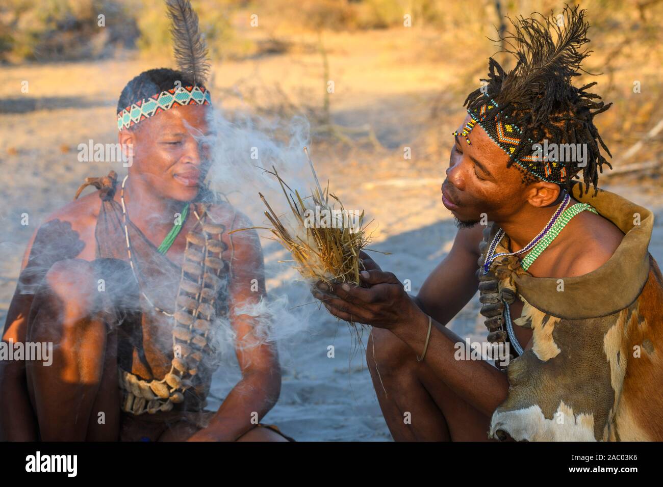 San Bushmen showing how to light a fire, Kalahari, Botswana Stock Photo ...