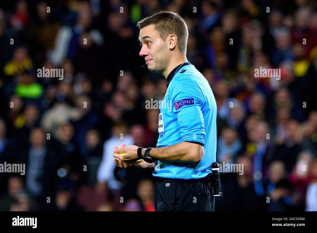 BARCELONA - NOV 27: The referee Clement Turpin at the Champions League ...