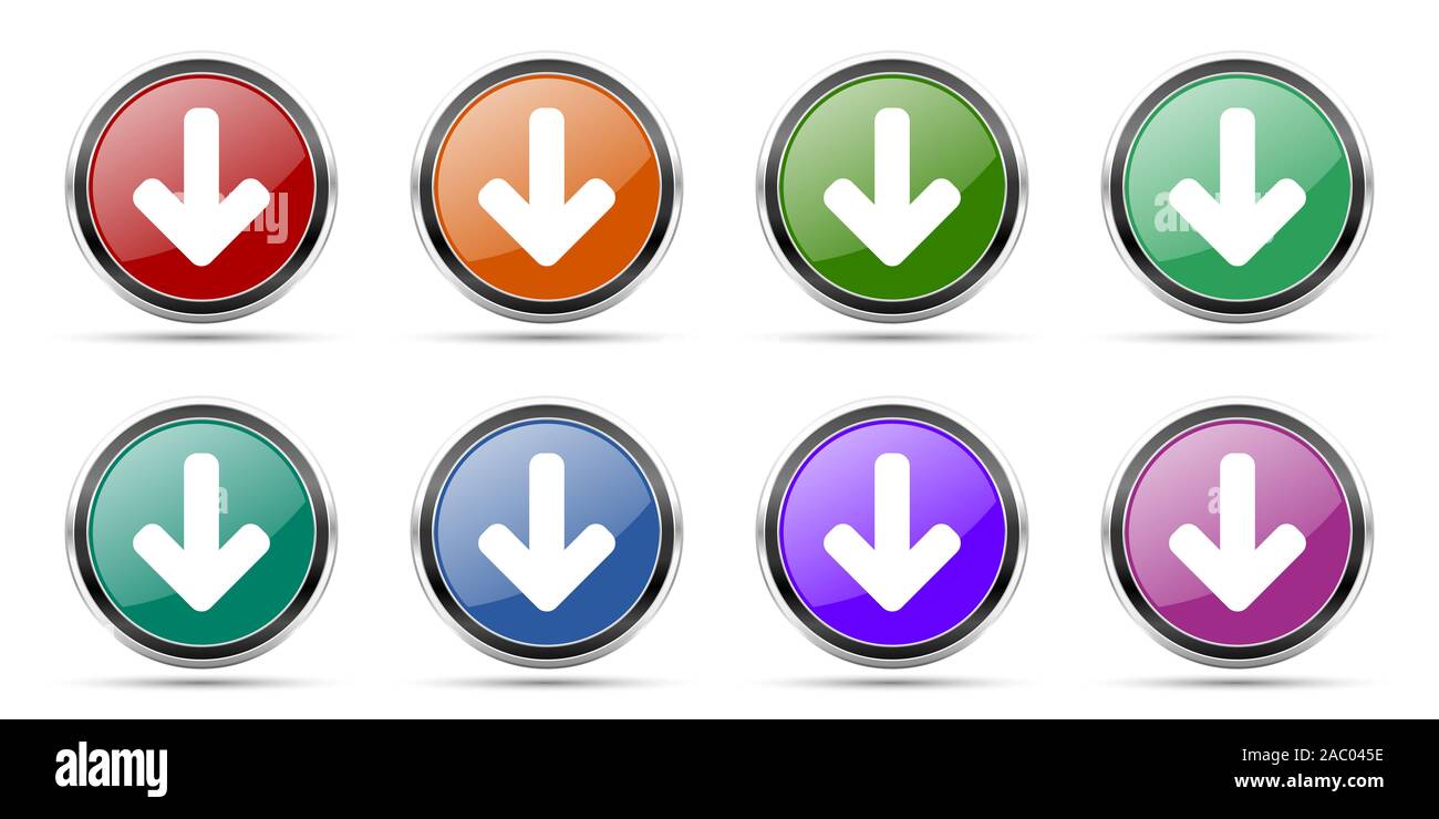 Download arrow icons, set of round glossy web buttons with silver ...