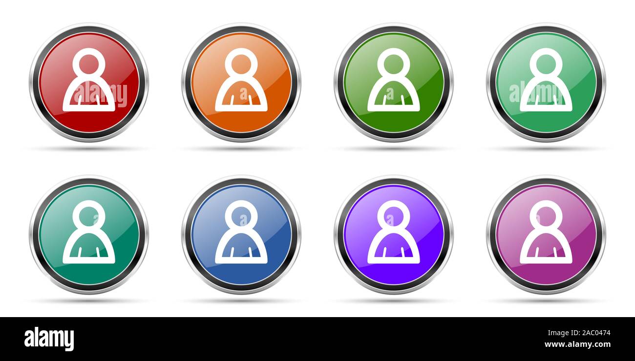 Person icons, set of round glossy web buttons with silver metallic ...
