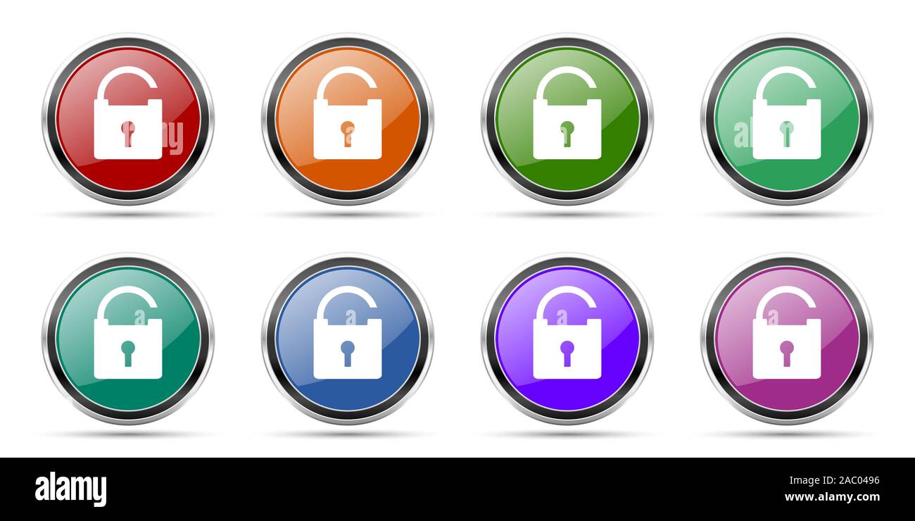 Padlock icons, set of round glossy web buttons with silver metallic ...