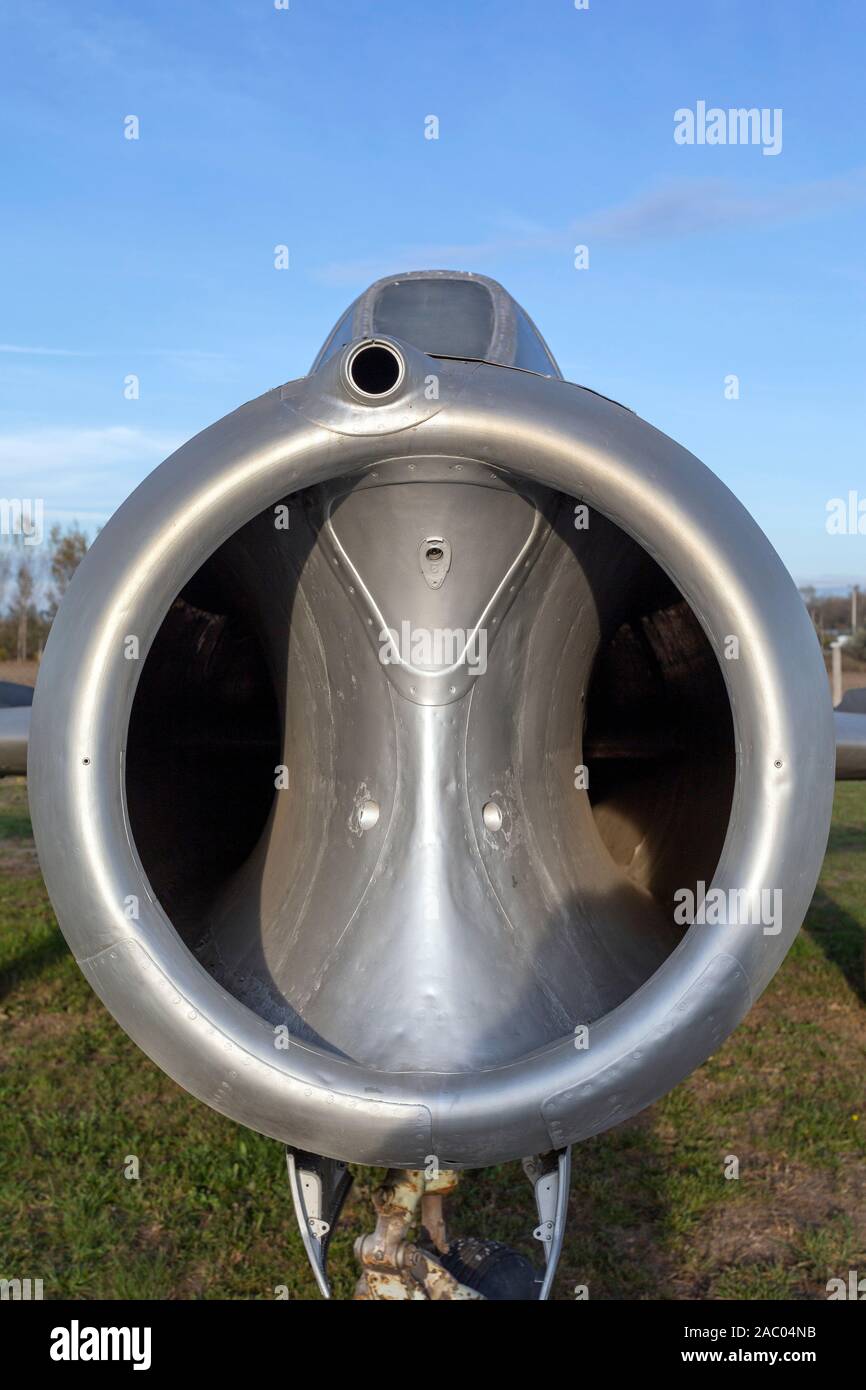 Nose of an old russian fighter jet in a military museum in Hungary ...