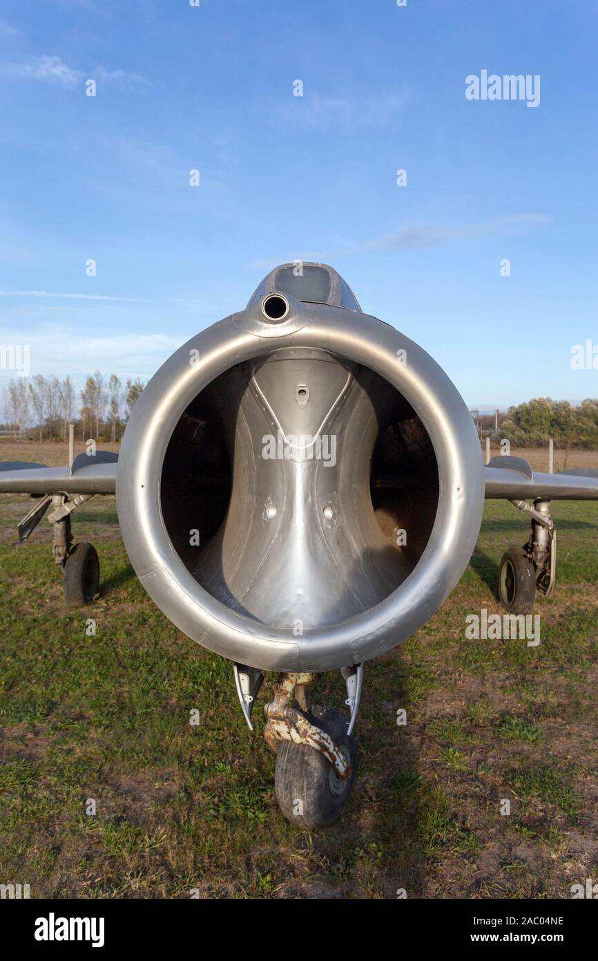 Nose of an old russian fighter jet in a military museum in Hungary ...