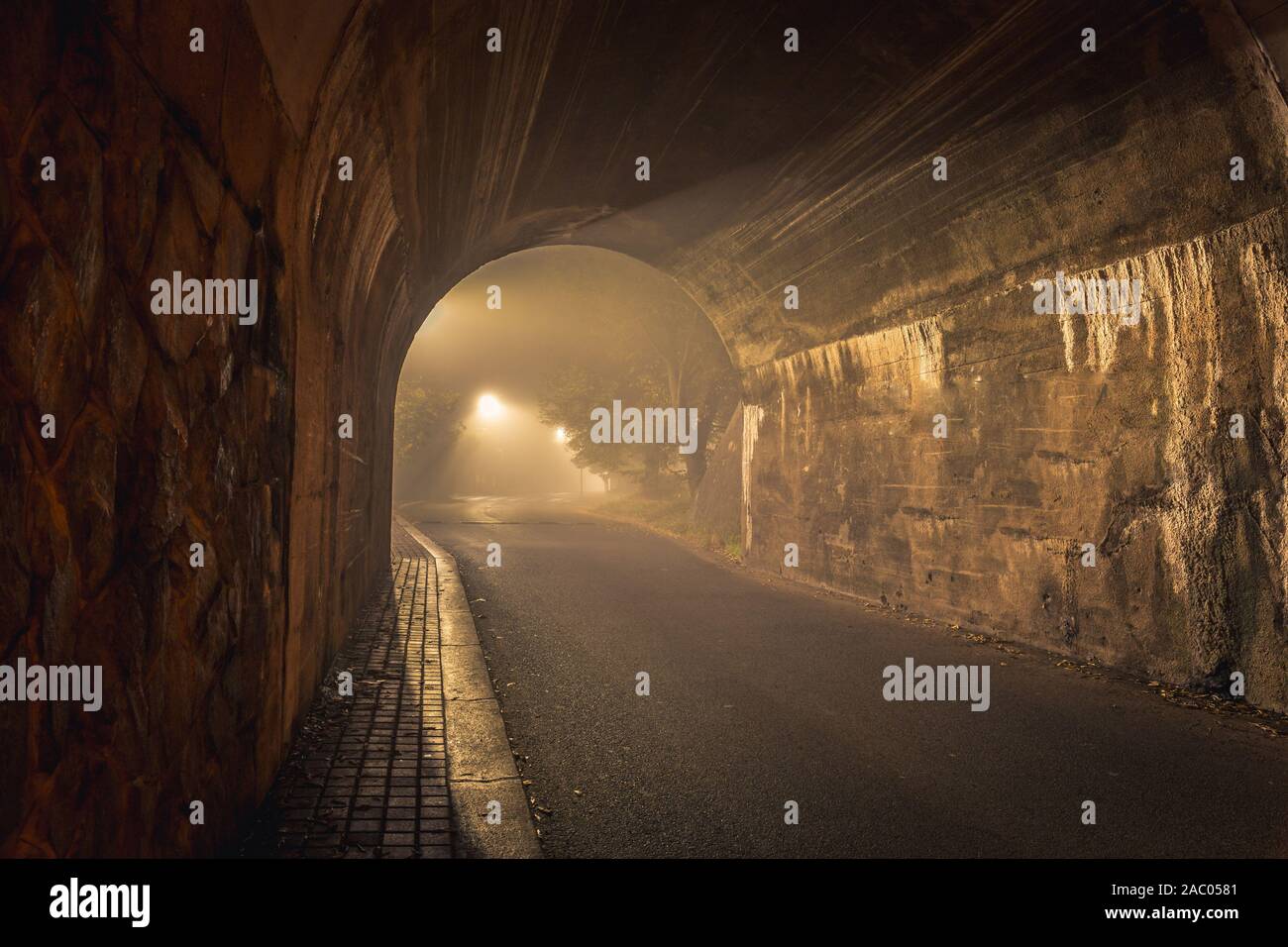 The Tunnel. Way out with spooky mist and fog at night Stock Photo - Alamy