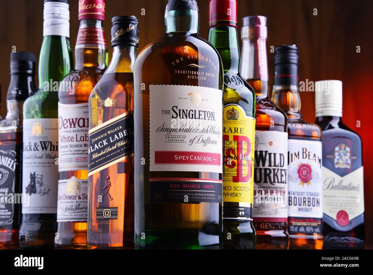 POZNAN, POLAND - JUL 5, 2019: Bottles of several global whiskey brands ...