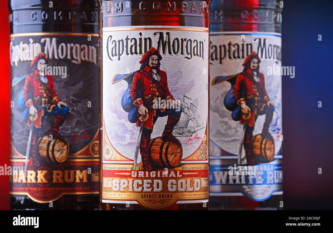 POZNAN, POL - AUG 21, 2019: Bottles of Captain Morgan, a brand of rum ...