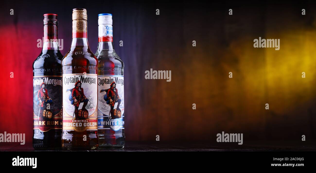 POZNAN, POL - AUG 21, 2019: Bottles of Captain Morgan, a brand of rum ...
