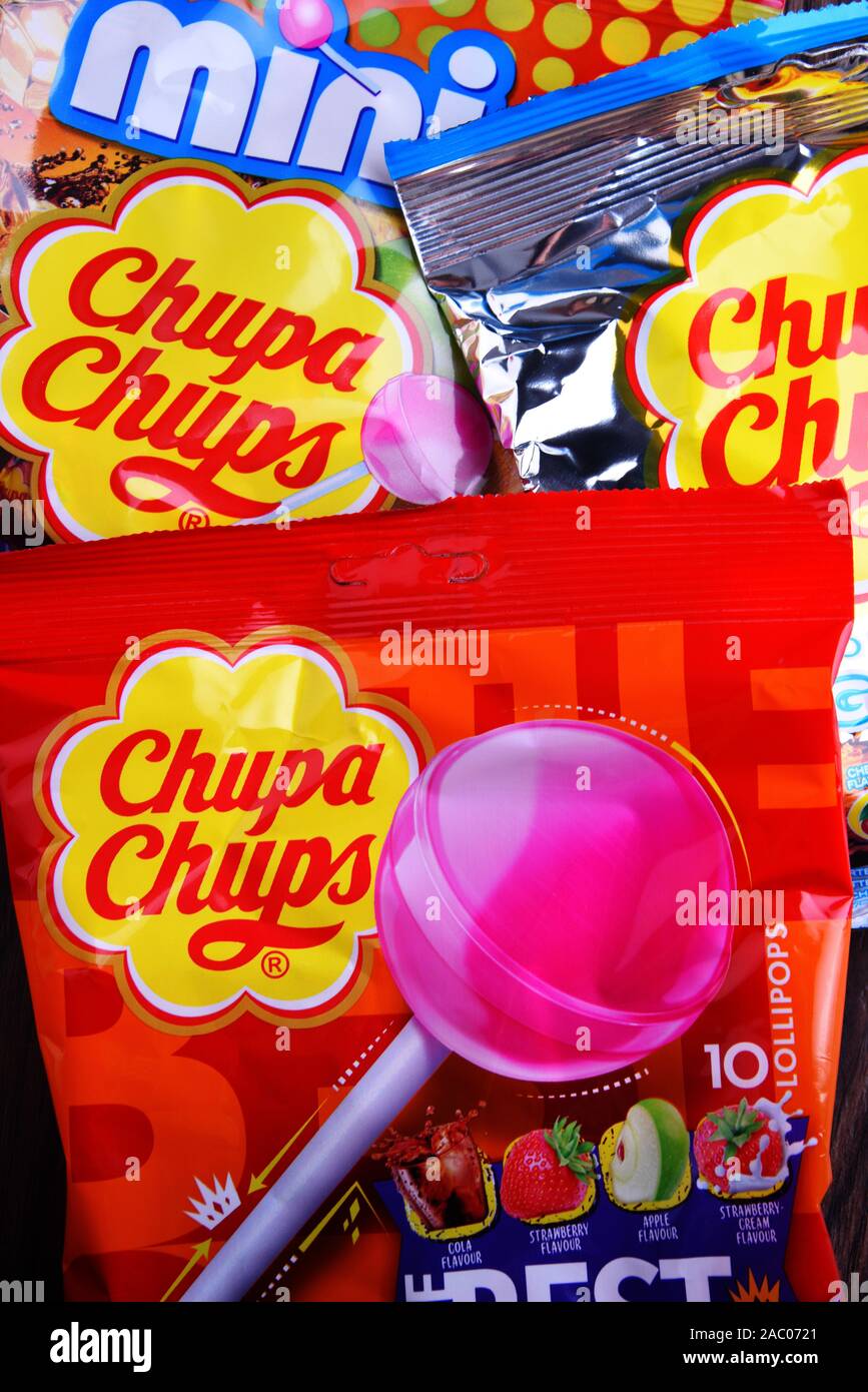 POZNAN, POL - AUG 21, 2019: Packages of Chupa Chups, a Spanish brand of ...
