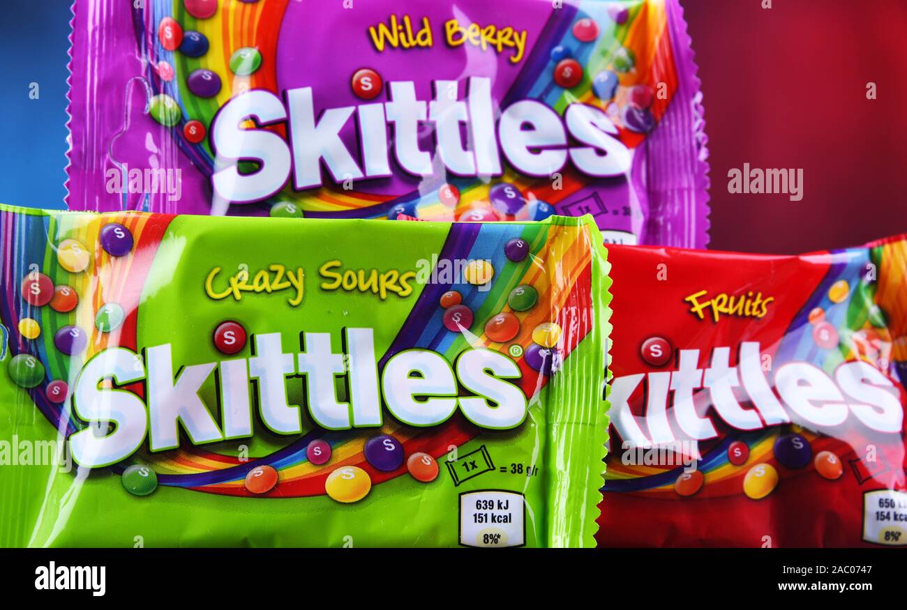 POZNAN, POL - AUG 21, 2019: Packages of Skittles, a brand of fruit ...