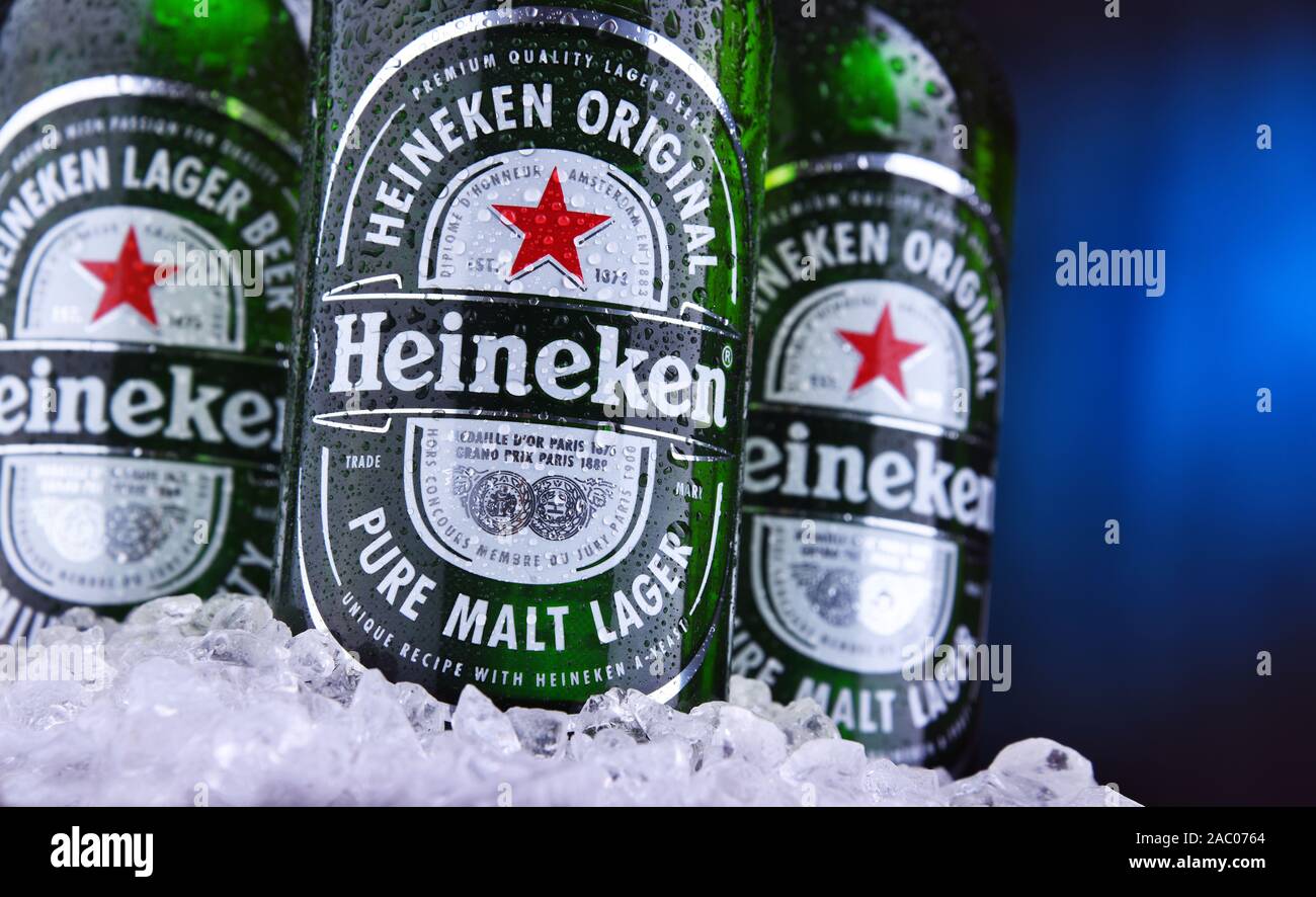 POZNAN, POL - AUG 22, 2019: Bottles of Heineken Lager Beer, the ...