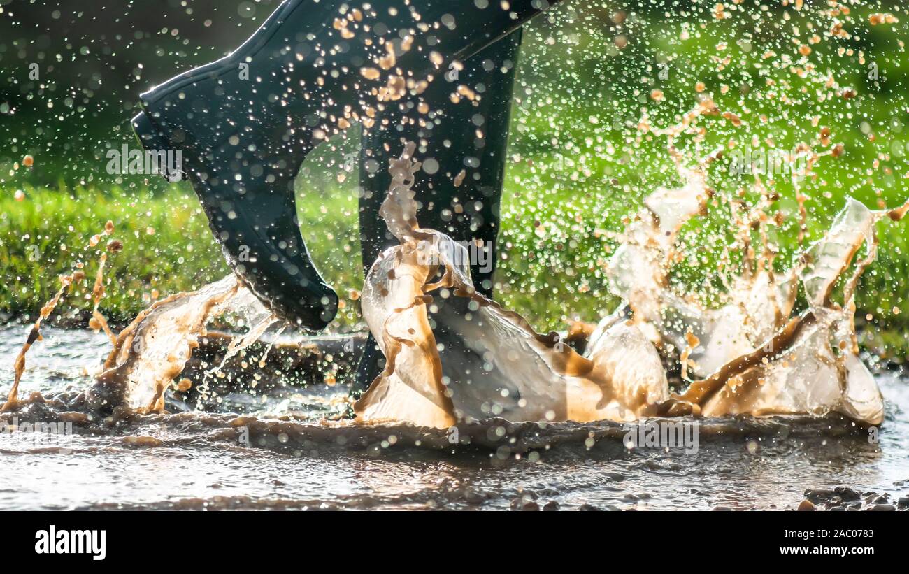 green wellington boots splashing in wet muddy puddles in the early ...