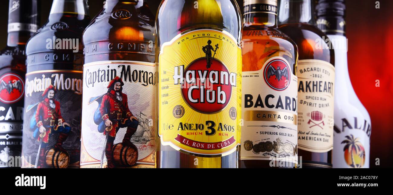 POZNAN, POL - AUG 22, 2019: Bottles of best selling global rum brands ...