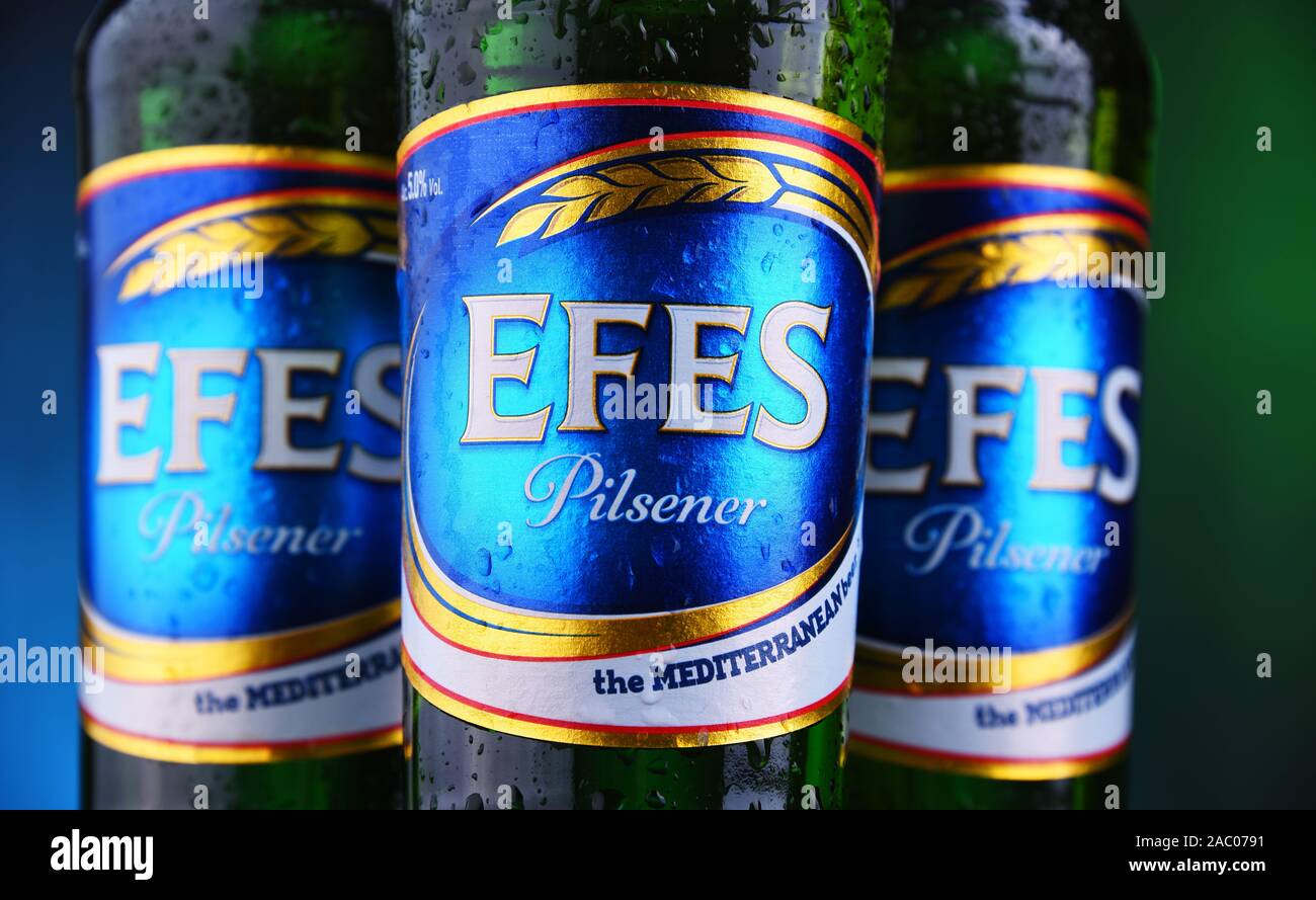 POZNAN, POLAND - AUG 22, 2019: Bottles of Efes Pilsener, the flagship ...