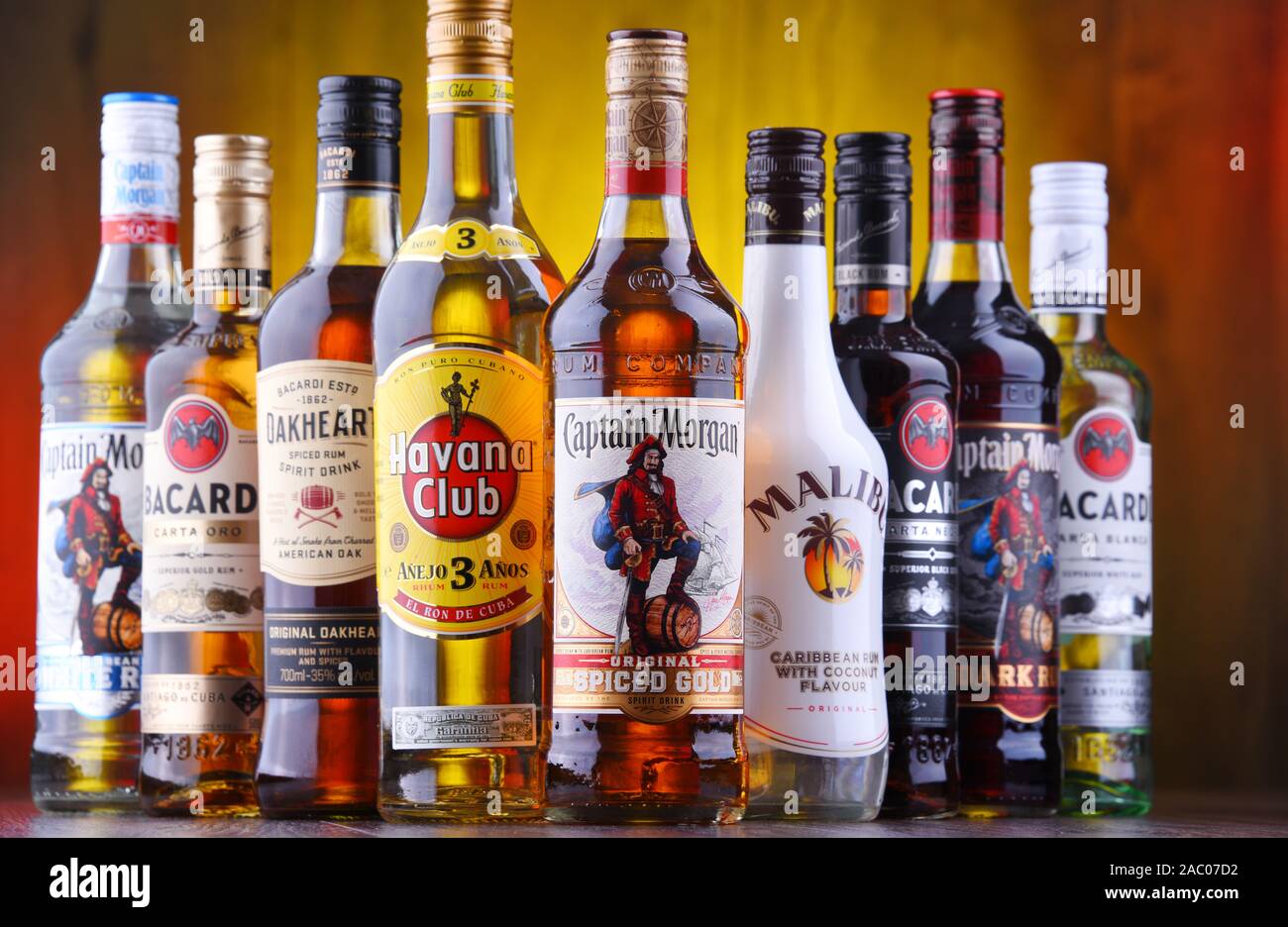 POZNAN, POL - AUG 22, 2019: Bottles of best selling global rum brands ...