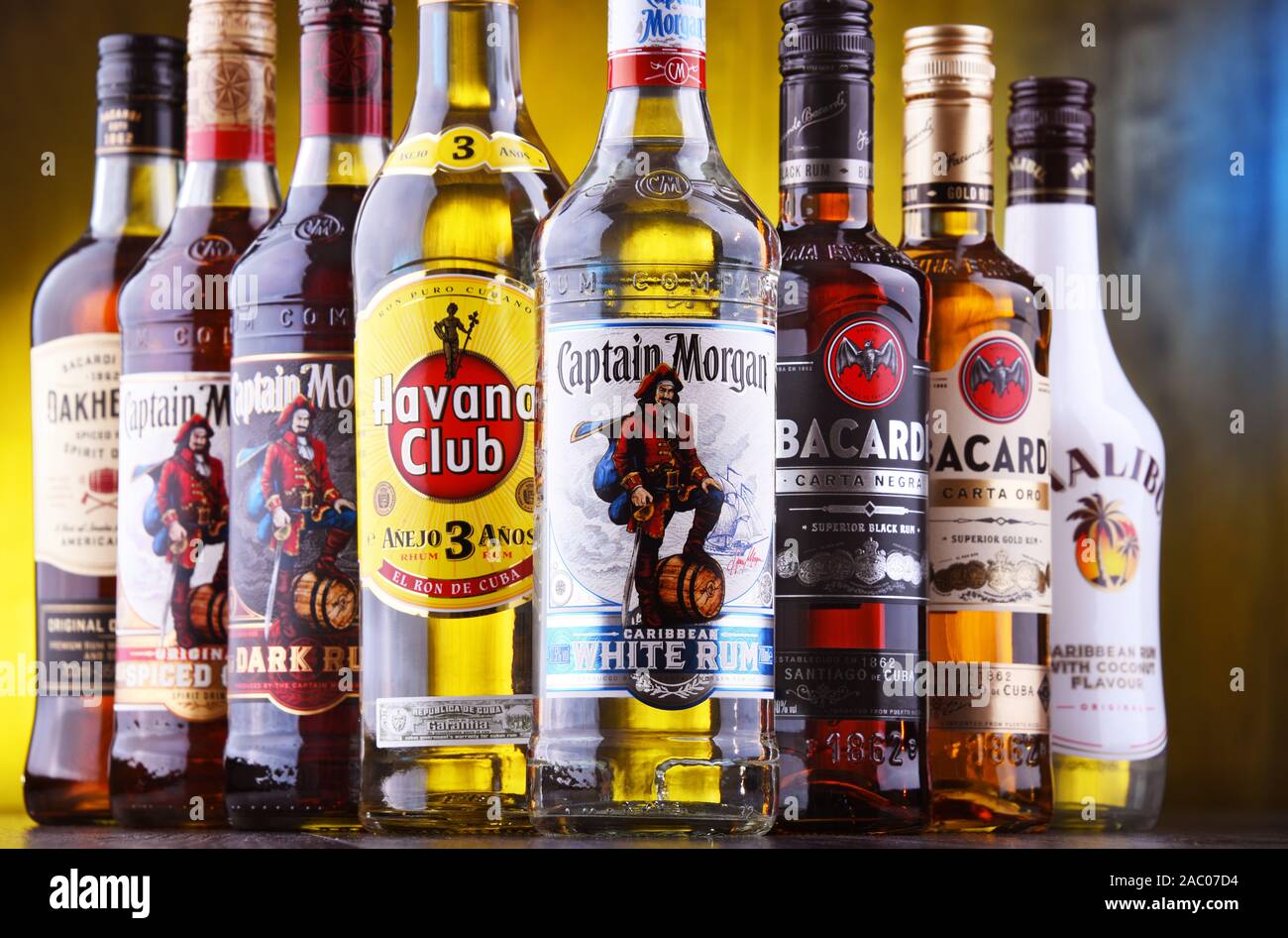 POZNAN, POL - AUG 22, 2019: Bottles of best selling global rum brands ...