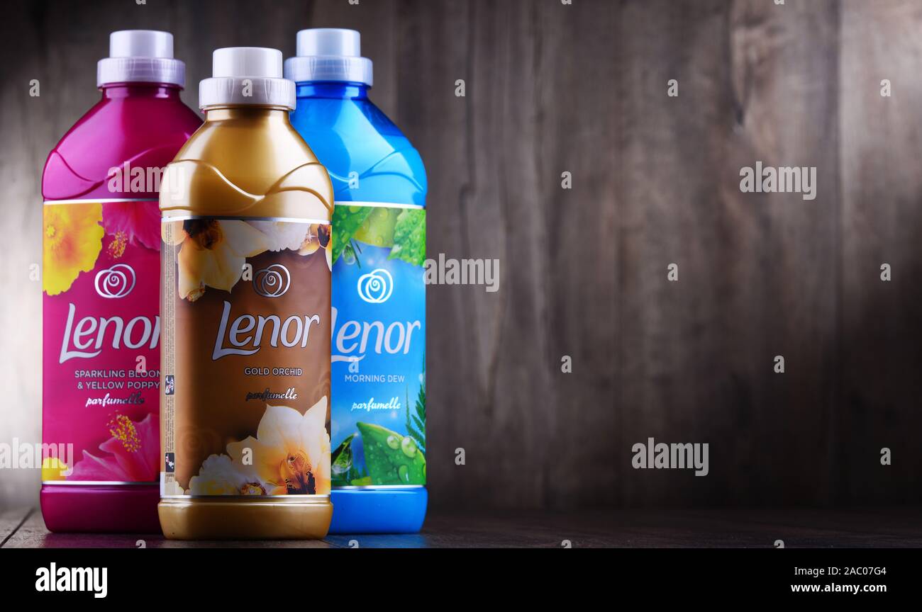 POZNAN, POL - AUG 29, 2019: Bottles of liquid Lenor fabric softener ...