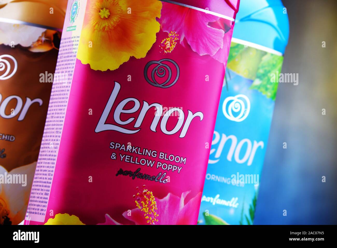 POZNAN, POL - AUG 29, 2019: Bottles of liquid Lenor fabric softener ...