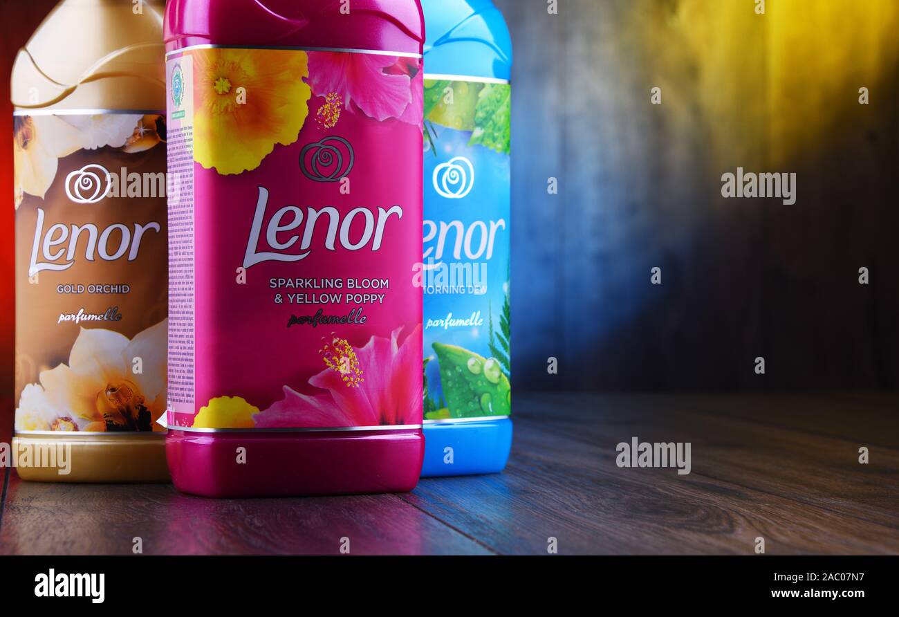 POZNAN, POL - AUG 29, 2019: Bottles of liquid Lenor fabric softener ...