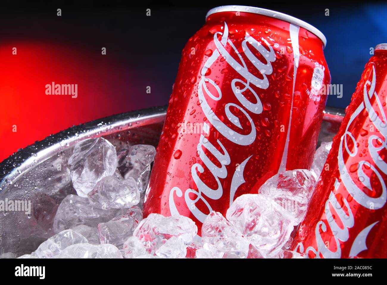 POZNAN, POL - SEP 5, 2019: Cans of Coca-Cola, a carbonated soft drink ...