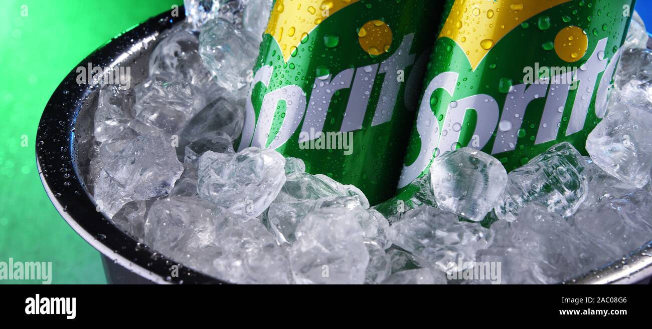POZNAN, POL - OCT 16, 2019: Two cans of Sprite, a brand of soft drink ...