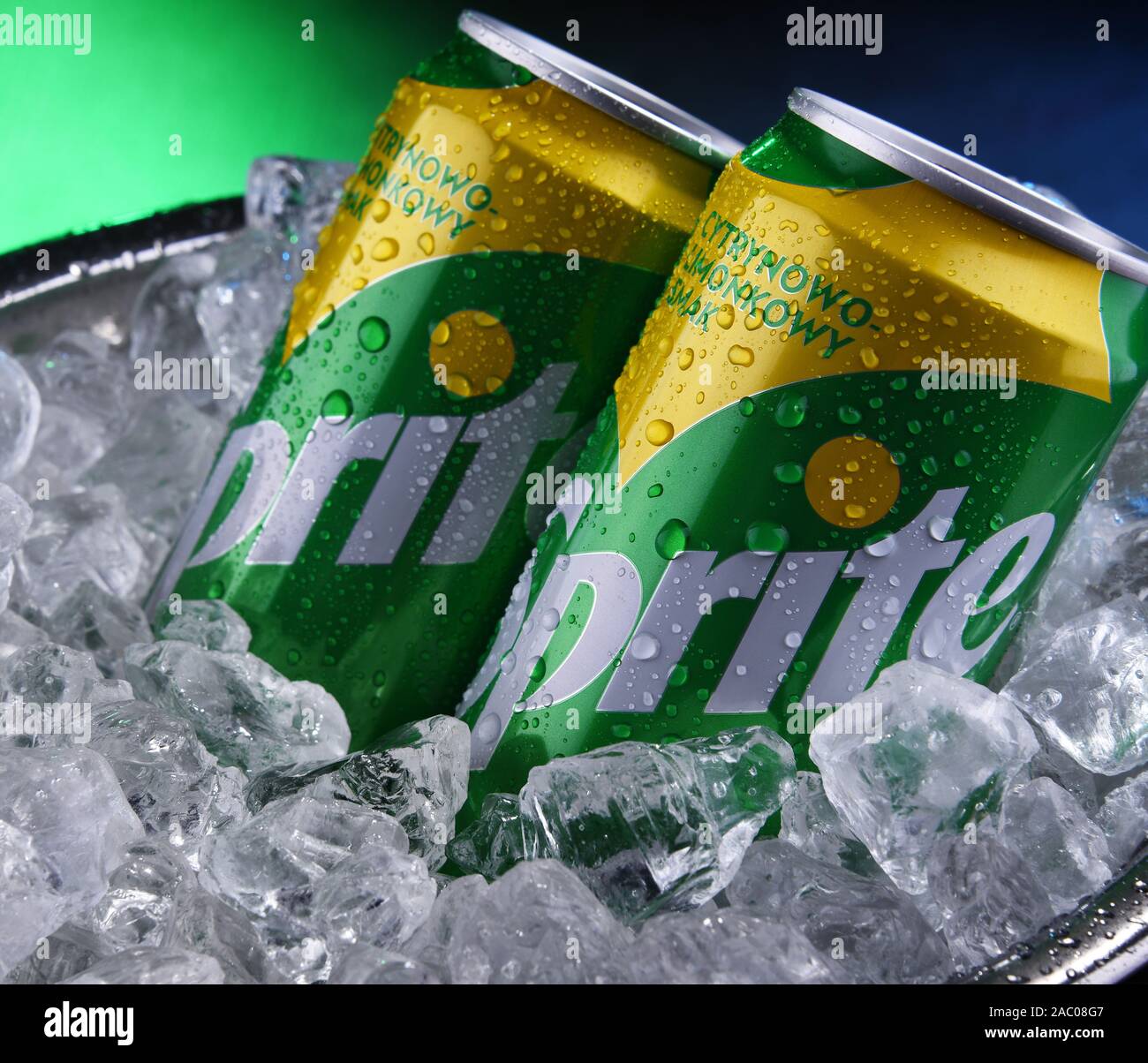 POZNAN, POL - OCT 16, 2019: Two cans of Sprite, a brand of soft drink ...