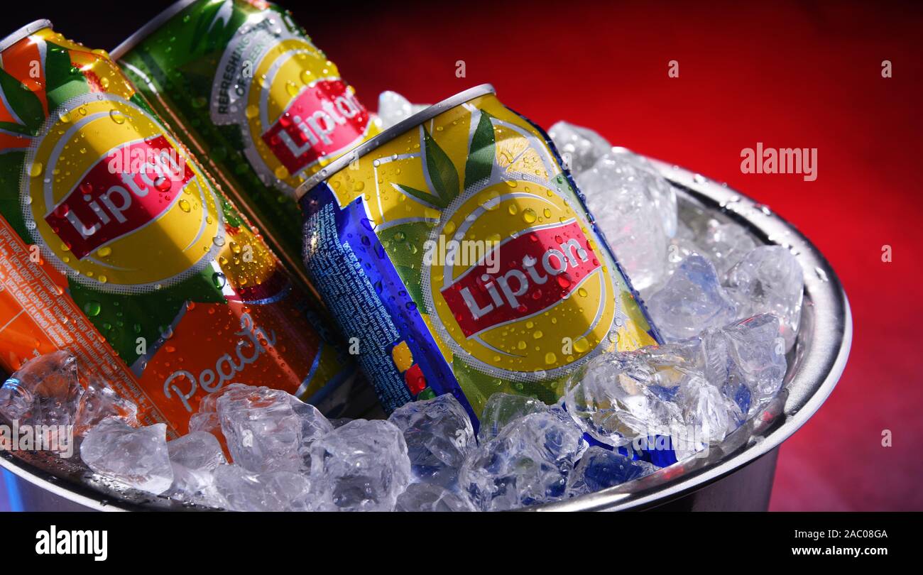 POZNAN, POL - OCT 16, 2019: Cans of Lipton Ice Tea, a soft drink brand ...