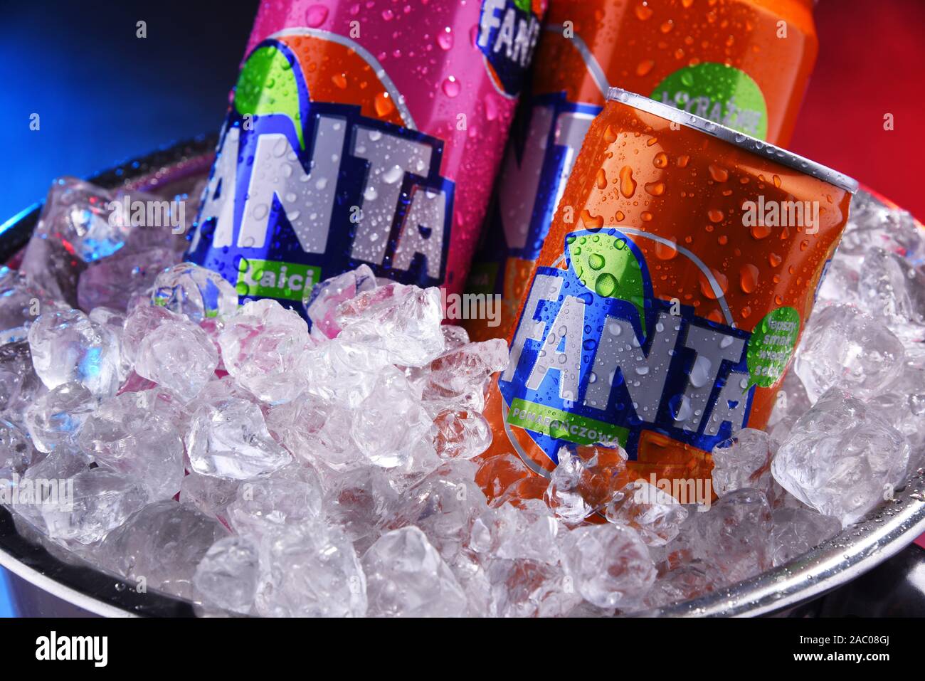 POZNAN, POL - OCT 16, 2019: Cans of Fanta, a global brand of fruit ...