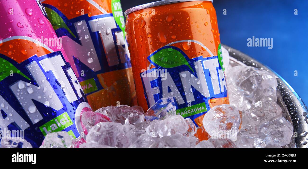 POZNAN, POL - OCT 16, 2019: Cans of Fanta, a global brand of fruit ...