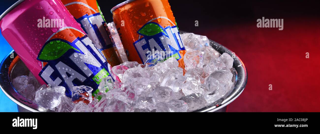 POZNAN, POL - OCT 16, 2019: Cans of Fanta, a global brand of fruit ...